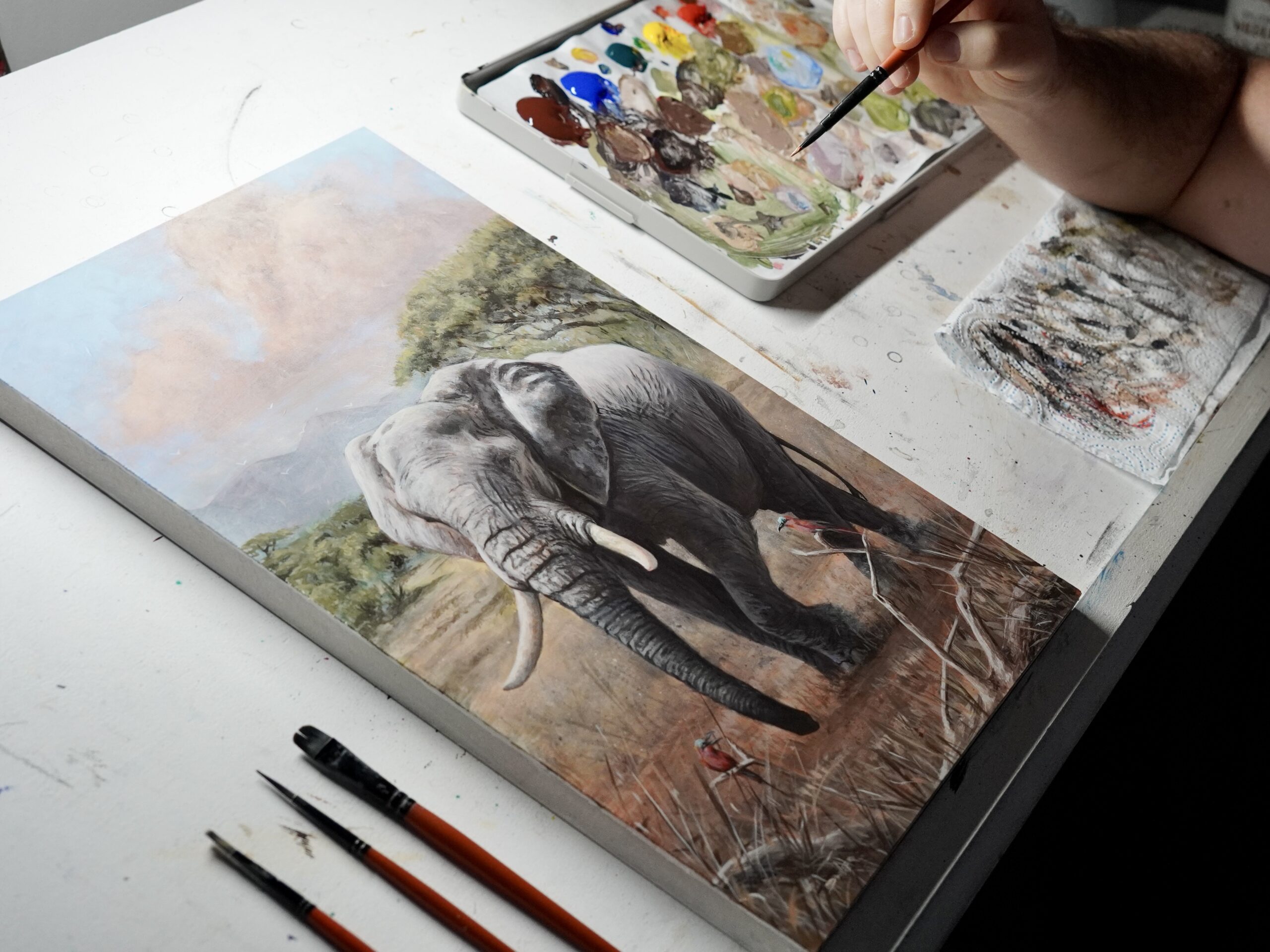 'Elephant and Bee-eaters' Acrylic Painting - Studio Wildlife